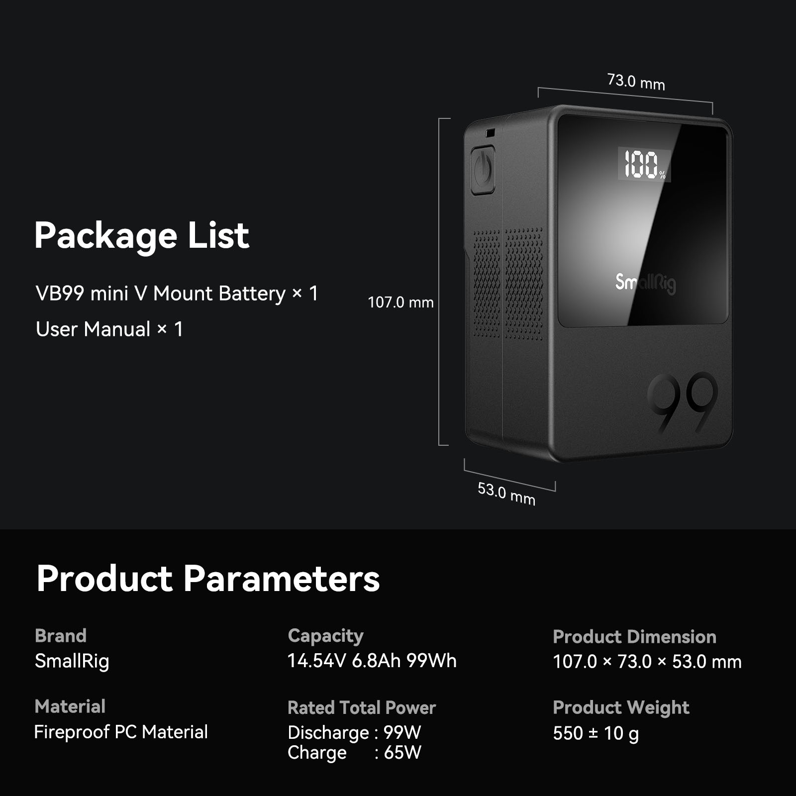 VB99 Mini V-Mount Battery | 100W Fast Charge | SmallRig